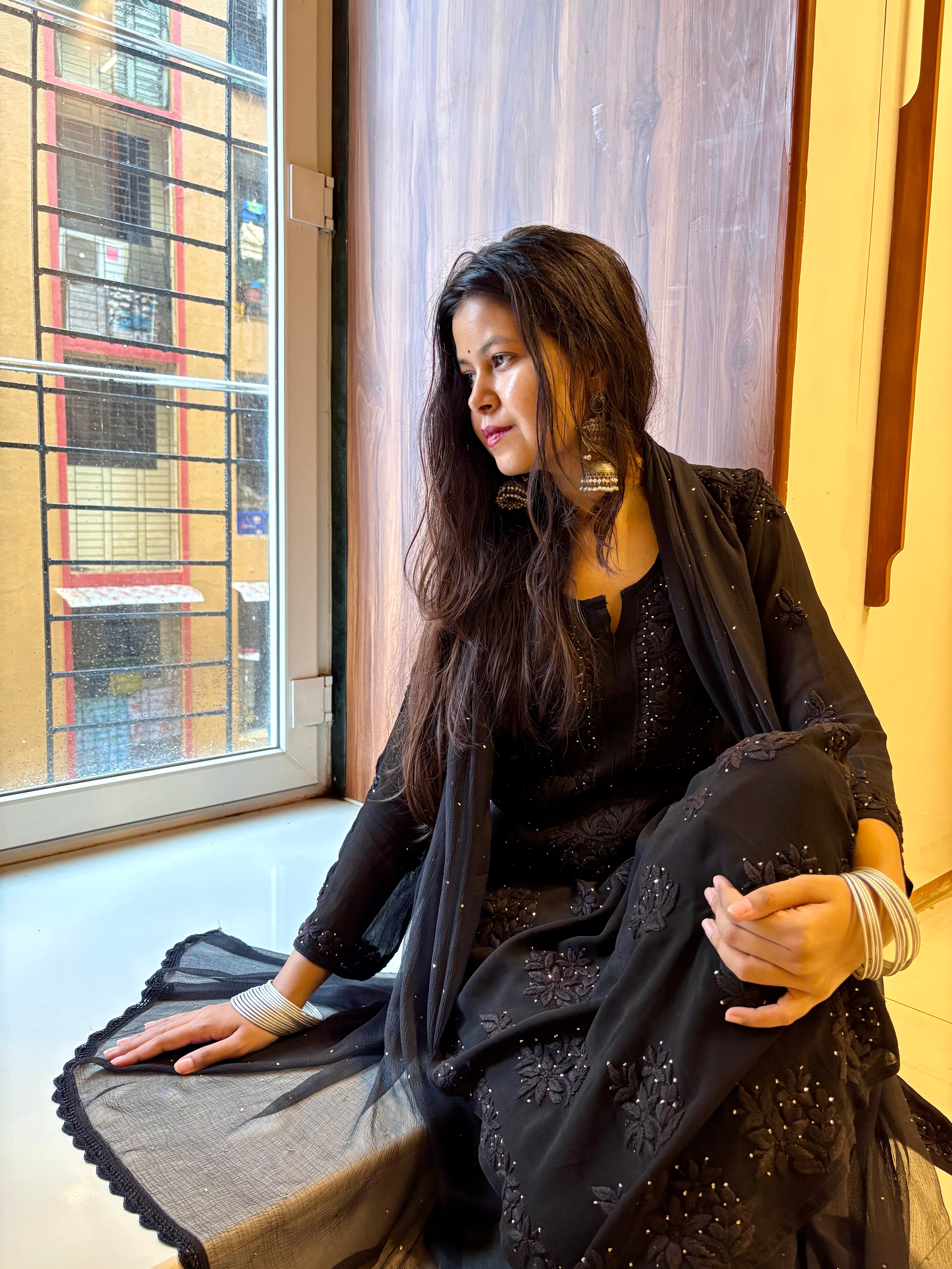 Chhaya 3D black Haniya georgette Suit set – Traditional Chikankari House